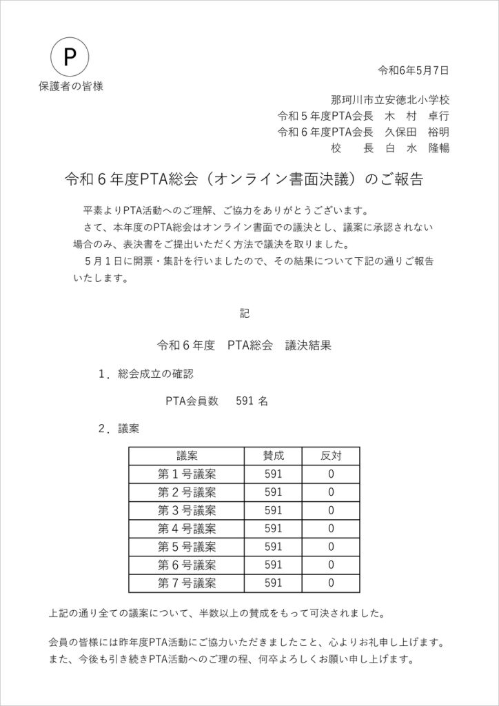令和6年度PTA総会決議結果について | 【公式】那珂川市立 安徳北小学校